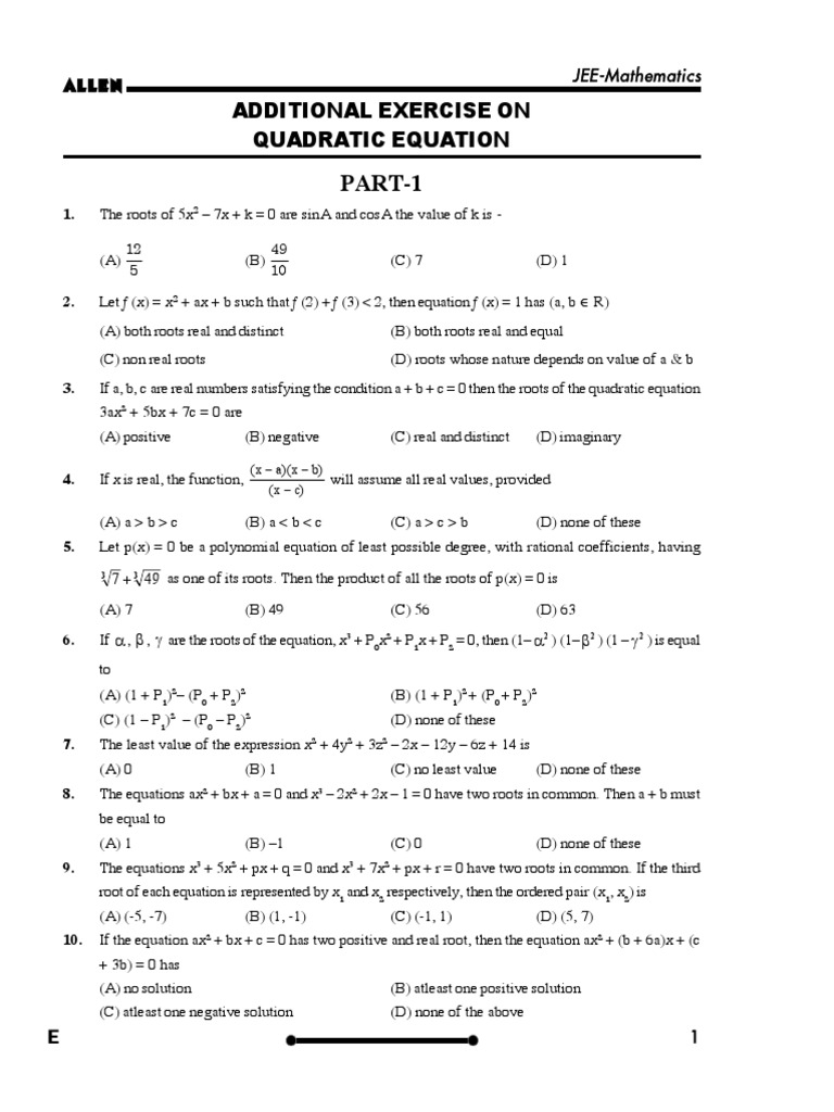 Additional Exercises on Quadratic Equations | PDF | Quadratic Equation ...