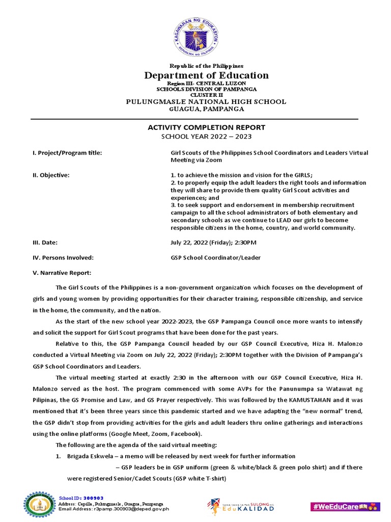 Department of Education: Activity Completion Report | PDF