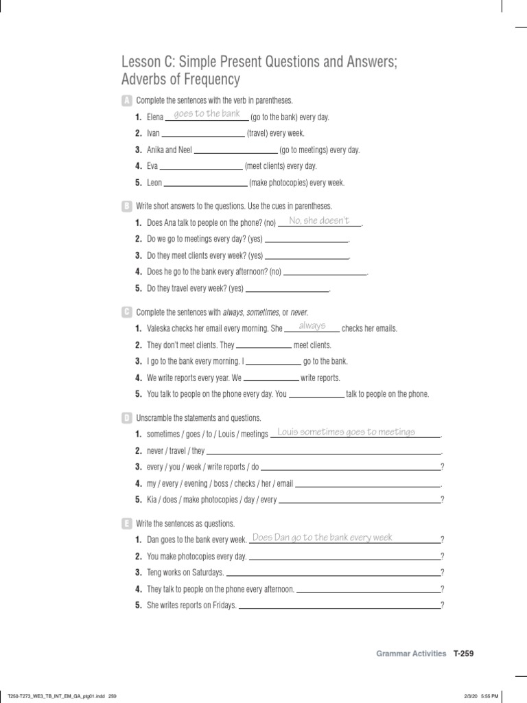 Lesson C Simple Present Questions and Answers | PDF | Grammar | Linguistics