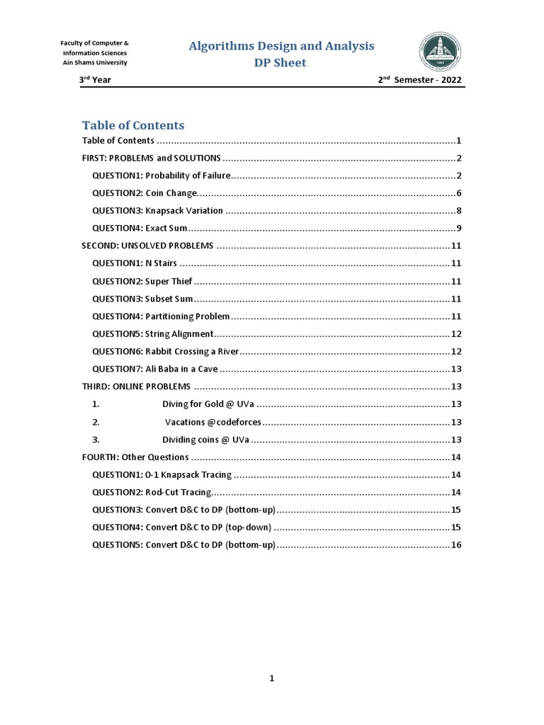 Algorithms Design and Analysis DP Sheet: Year 3 22 20 - Semester 2 | PDF | Dynamic Programming ...