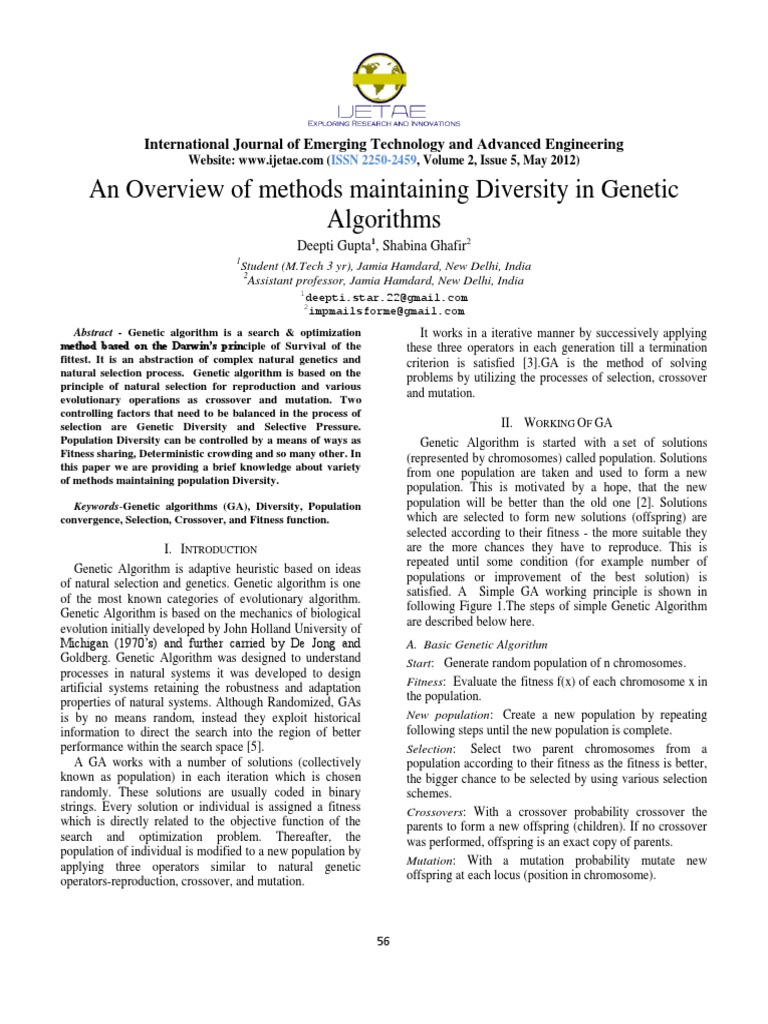 An Overview of Methods Maintaining Diversity in Genetic Algorithms | PDF | Genetic Algorithm ...