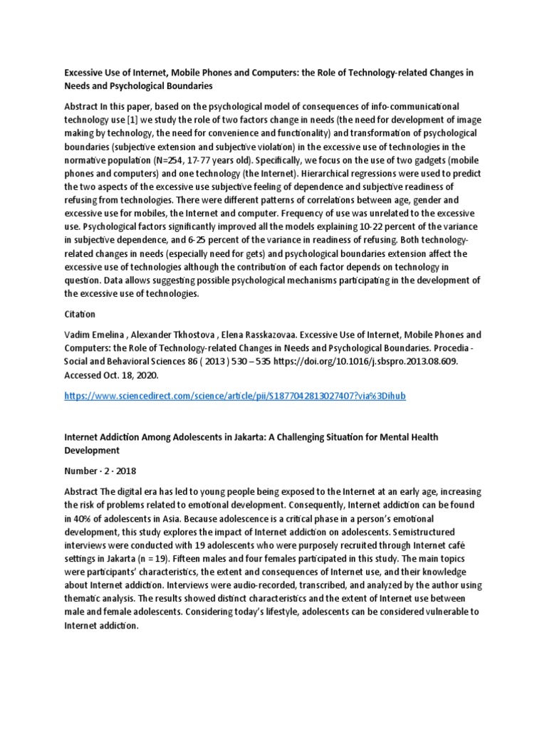 Excessive Use of Internet, Mobile Phones and Computers: The Role of ...