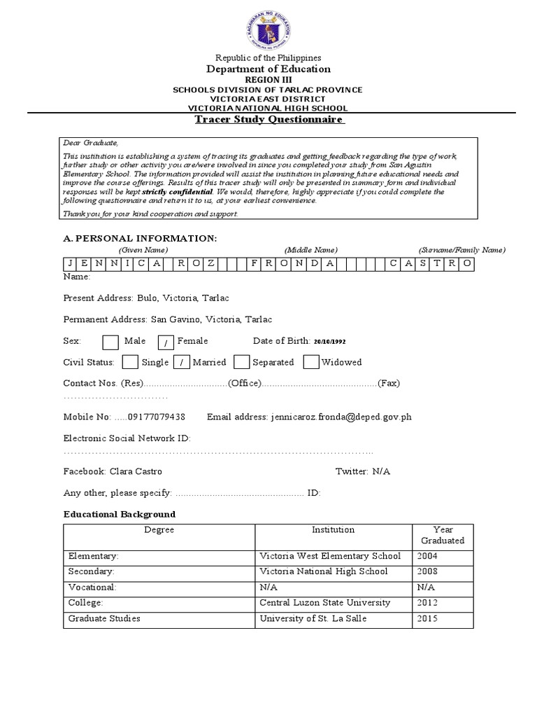 Tracer Study Questionnaire: Department of Education | PDF | Teachers ...