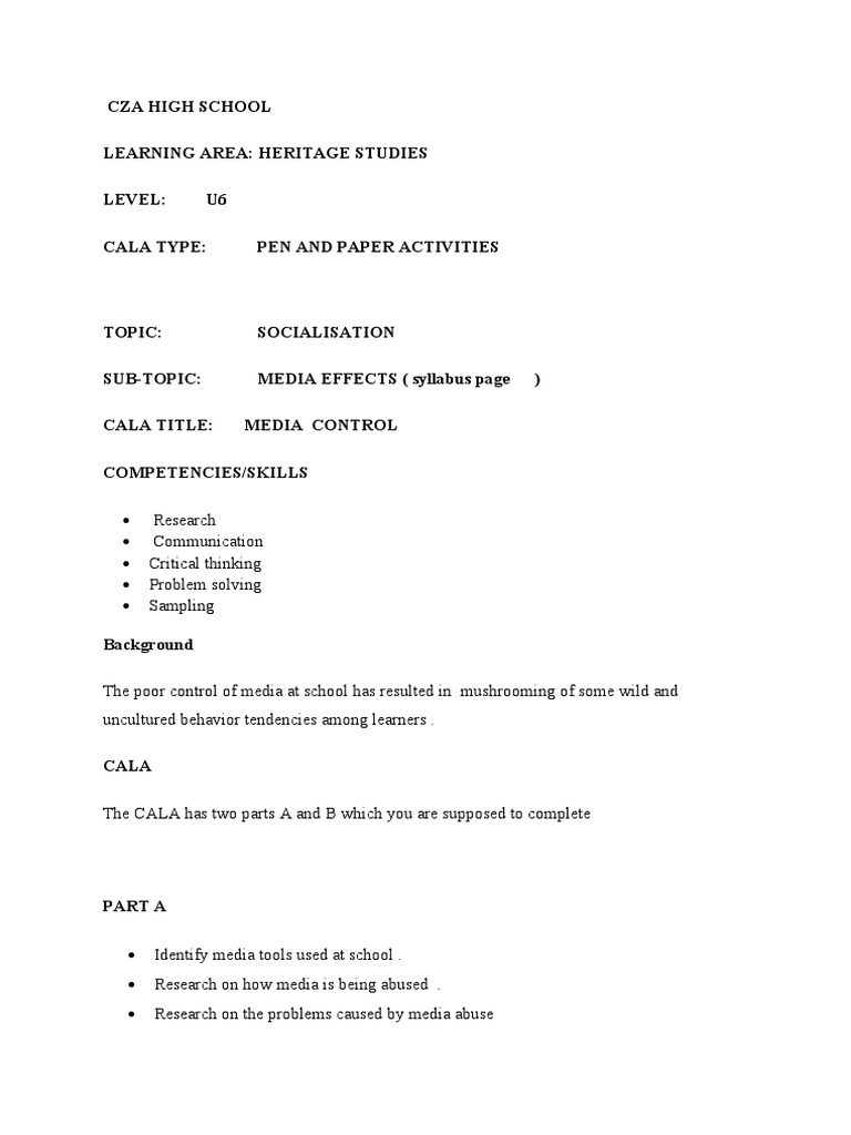 Cza High School Learning Area: Heritage Studies Level: U6 Cala Type: Pen and Paper Activities ...