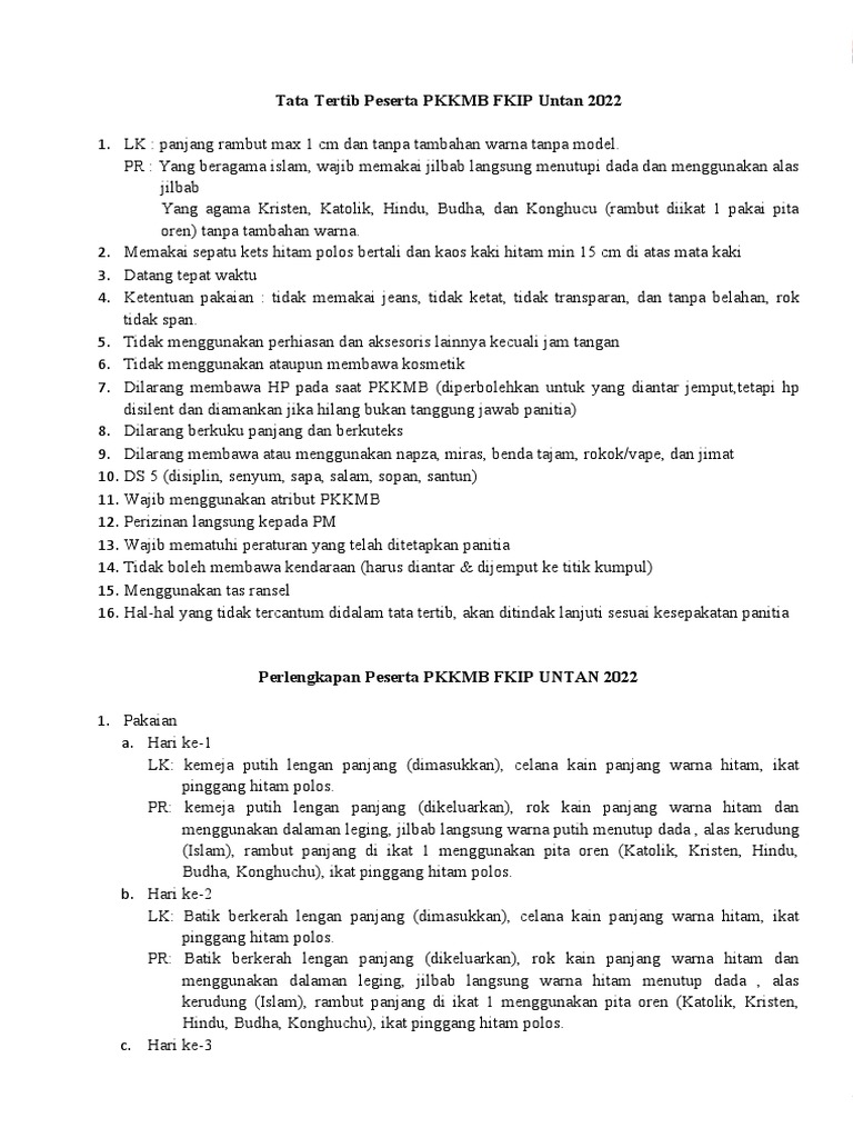 Ketentuan Tatib Dan Perlengkapan Peserta PKKMB 2022 | PDF