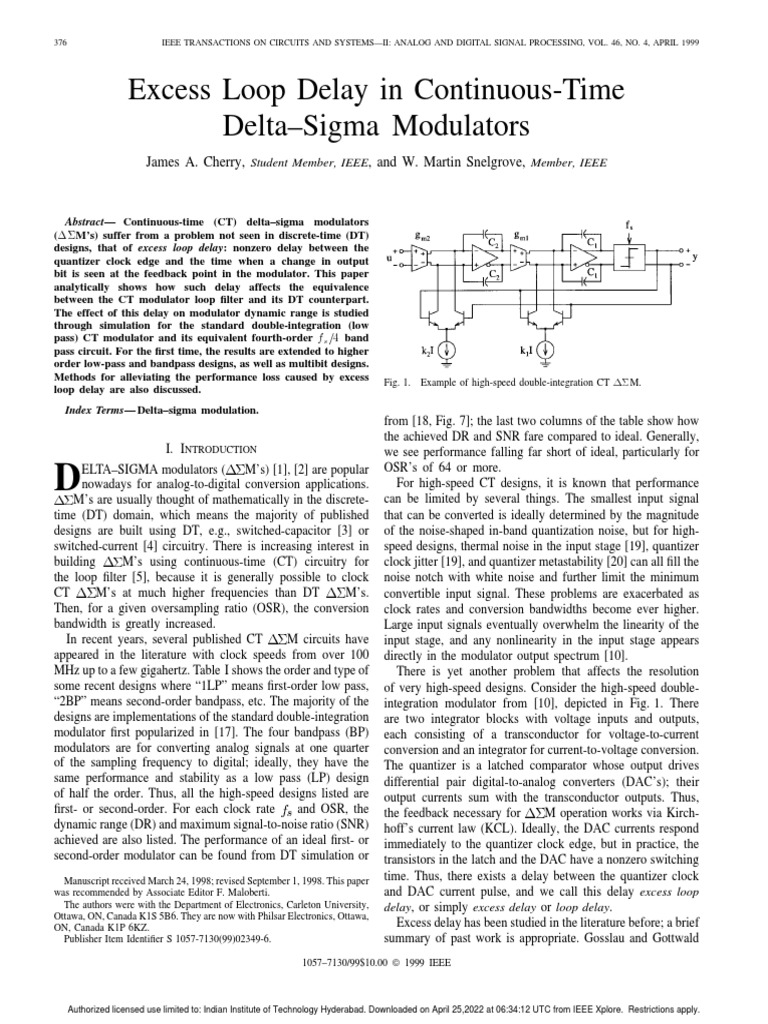 Excess Loop Delay in Continuous-Time Delta-Sigma Modulators: James A. Cherry,, and W. Martin ...