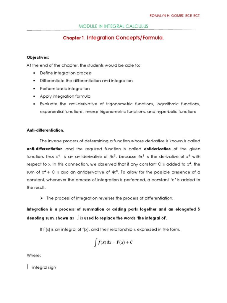 Integration Concepts/Formula.: Module in Integral Calculus | PDF ...