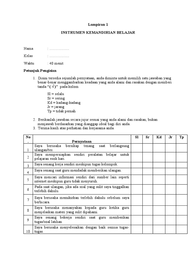 Lampiran 1 Instrumen Kemandirian | PDF