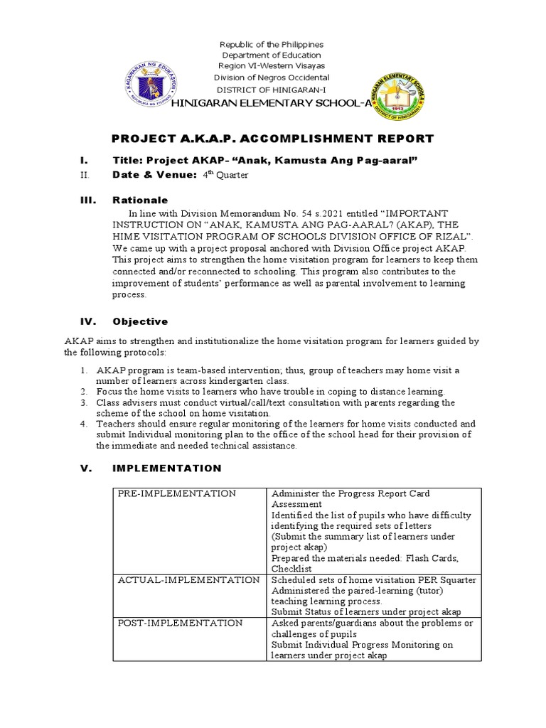 Project Akap Accomplishment Report | PDF | Learning | Child Neglect