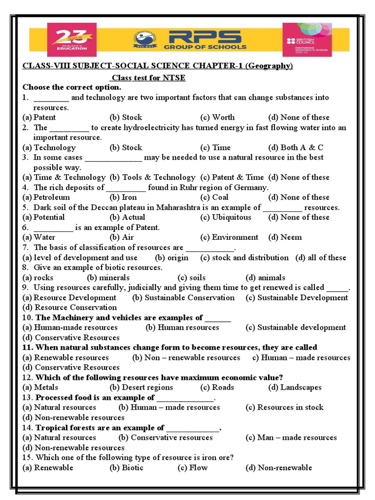 Class - 8th Test CH - 1 Geography | PDF | Resource | Renewable Resources