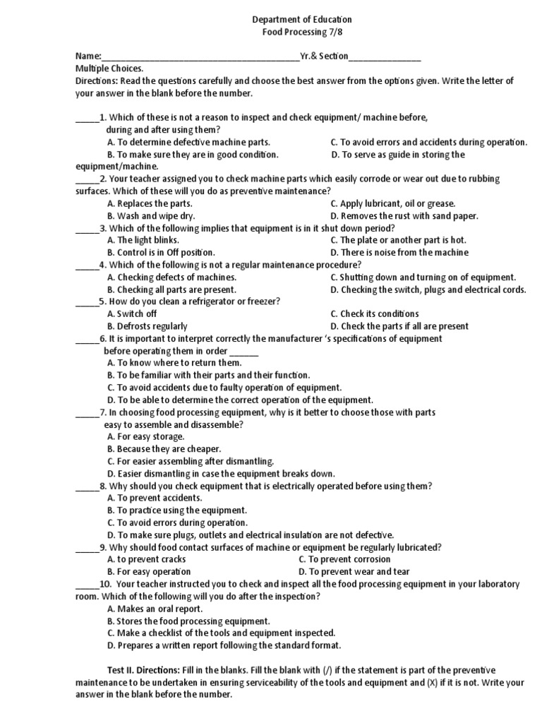 Food Processing 7/8: Multiple Choice Test on Equipment Maintenance ...