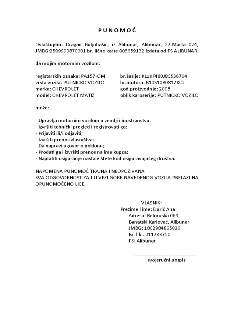 Punomoc Za Auto | PDF