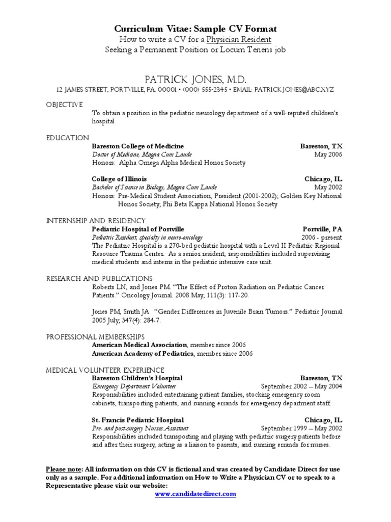 Medical CV Sample Post Residency | PDF | Residency (Medicine) | Medical ...