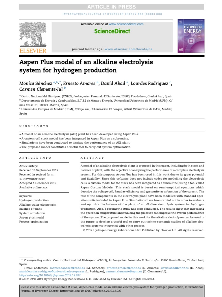 Aspen Plus Model of An Alkaline Electrolysis System For Hydrogen ...