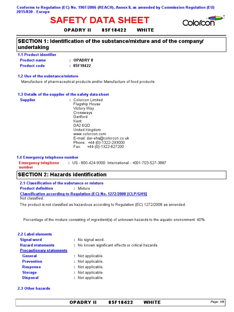 MSDS Opadry II 85F18422 White | PDF | Toxicity | Personal Protective ...
