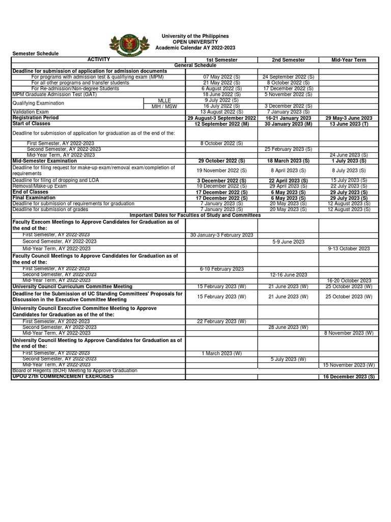 Academic Calendars Semester AY 2022 2023 1 | Descargar gratis PDF ...