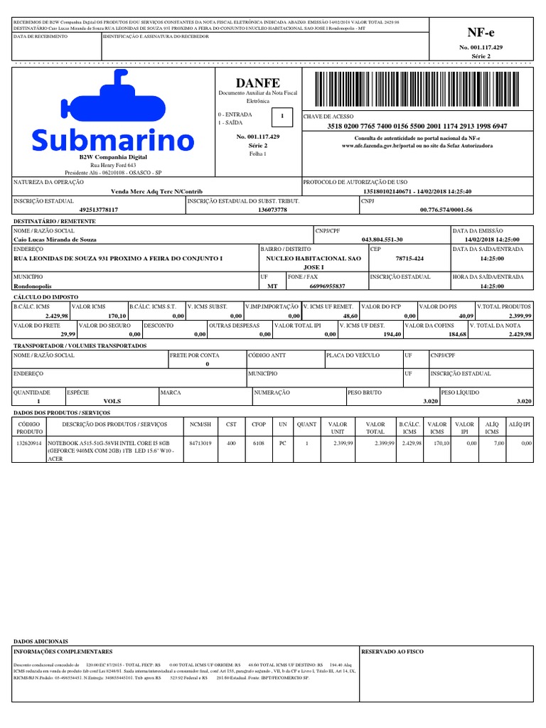 Nota Fiscal Notebook | PDF | Recibo | Contabilidade
