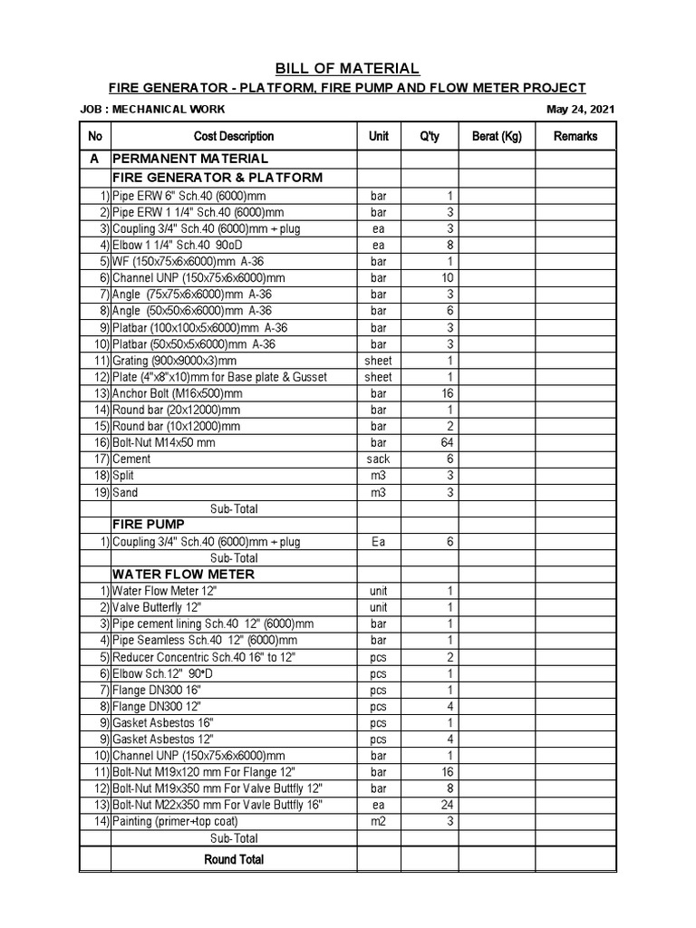 Bill of Material | PDF | Pipe (Fluid Conveyance) | Building Materials
