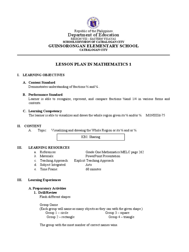Grade 1 Lesson Plan in Fraction | PDF | Learning | Cognition
