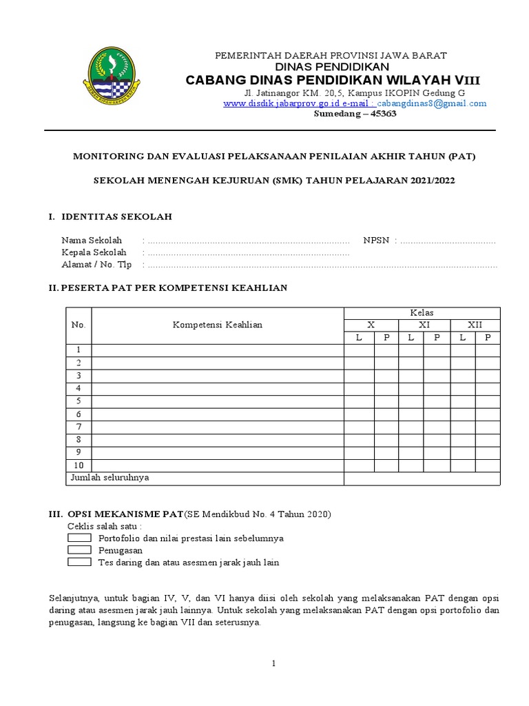 Inst. Monev PAT SMK 2022 - Daring Mode | PDF