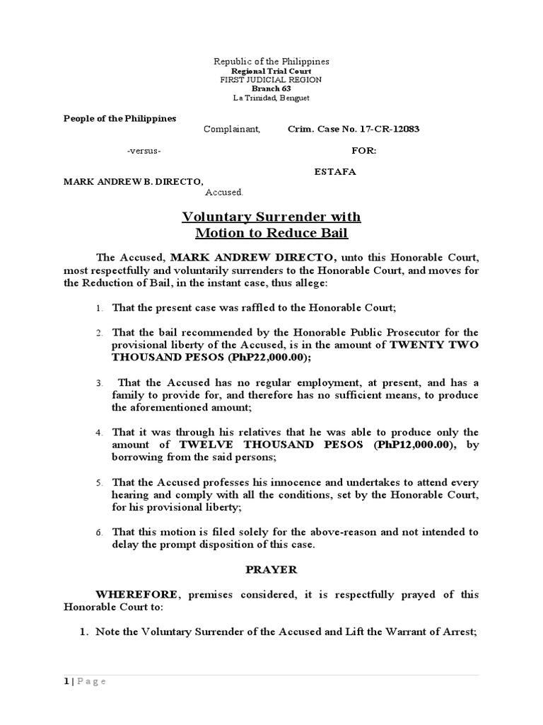 Voluntary Surrender and Motion to Reduce Bail in an Estafa Case before the Regional Trial Court ...