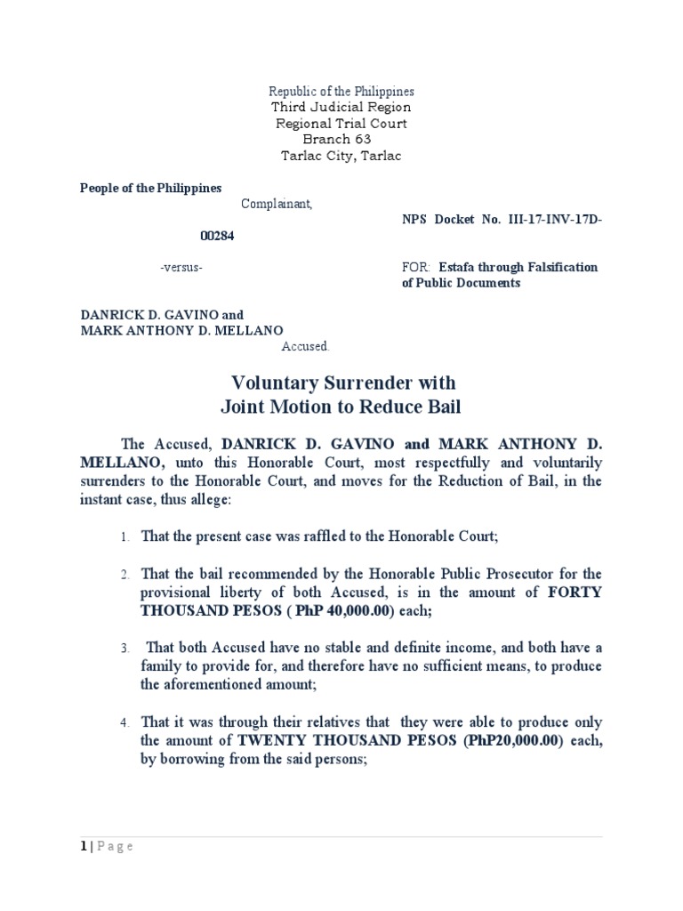 Voluntary Surrender With Joint Motion To Reduce Bail: Republic of The ...