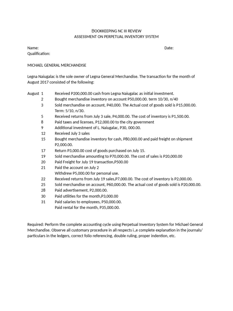NC III Bookkeeping Practice Set | PDF | Debits And Credits | Business