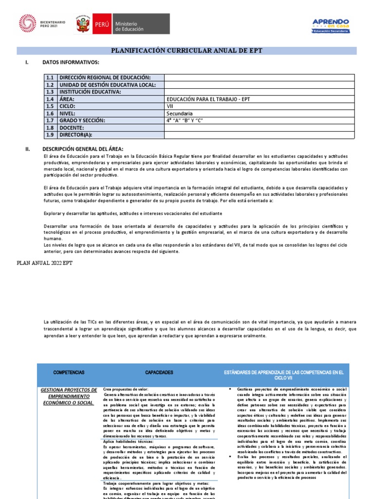 Plan Anual Ept 4° Sec | PDF | Aprendizaje | Iniciativa empresarial