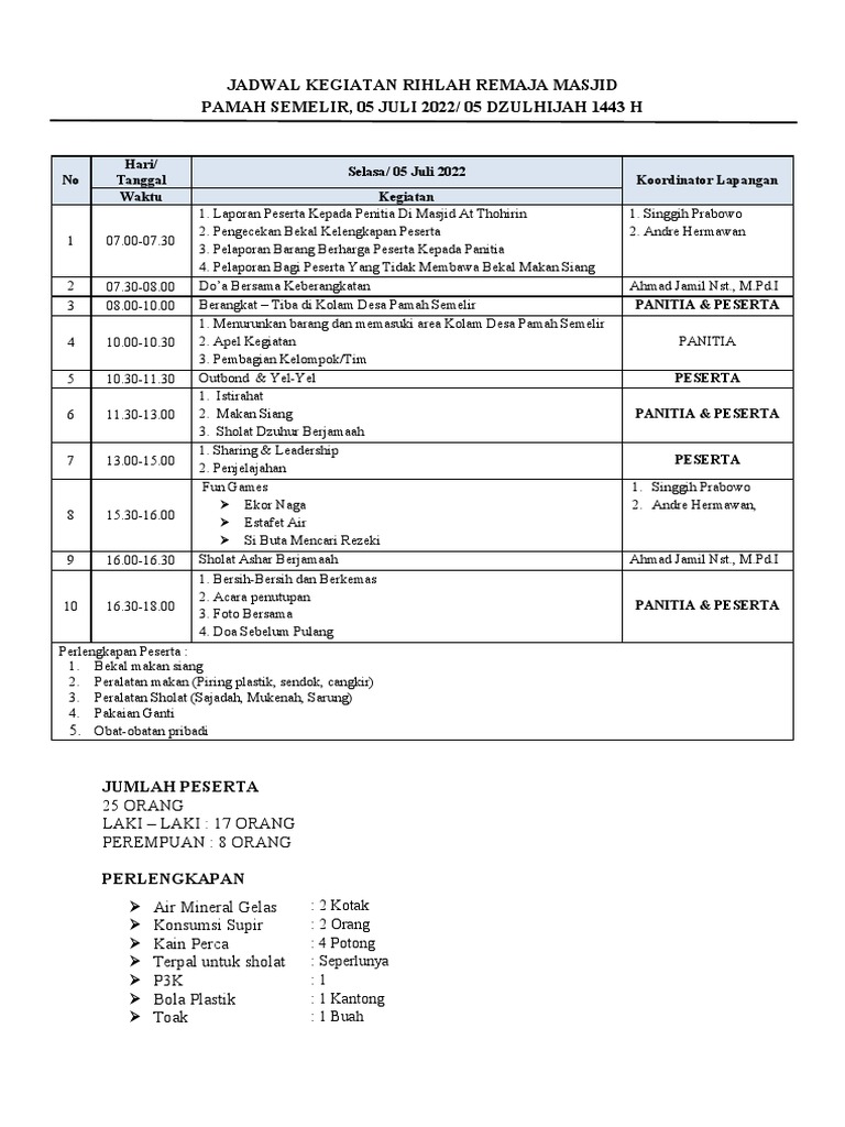 Jadwal Rihlah Remaja Masjid 2022 | PDF