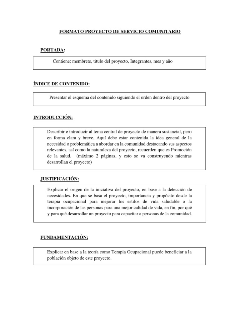 Formato PROYECTO DE SERVICIO COMUNITARIO | PDF | Terapia ocupacional ...