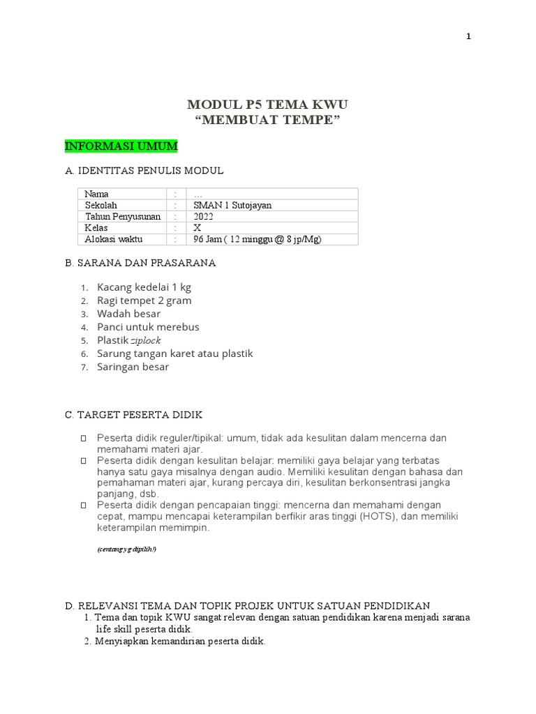 Draft Modul Projek - KWU - Tempe | PDF