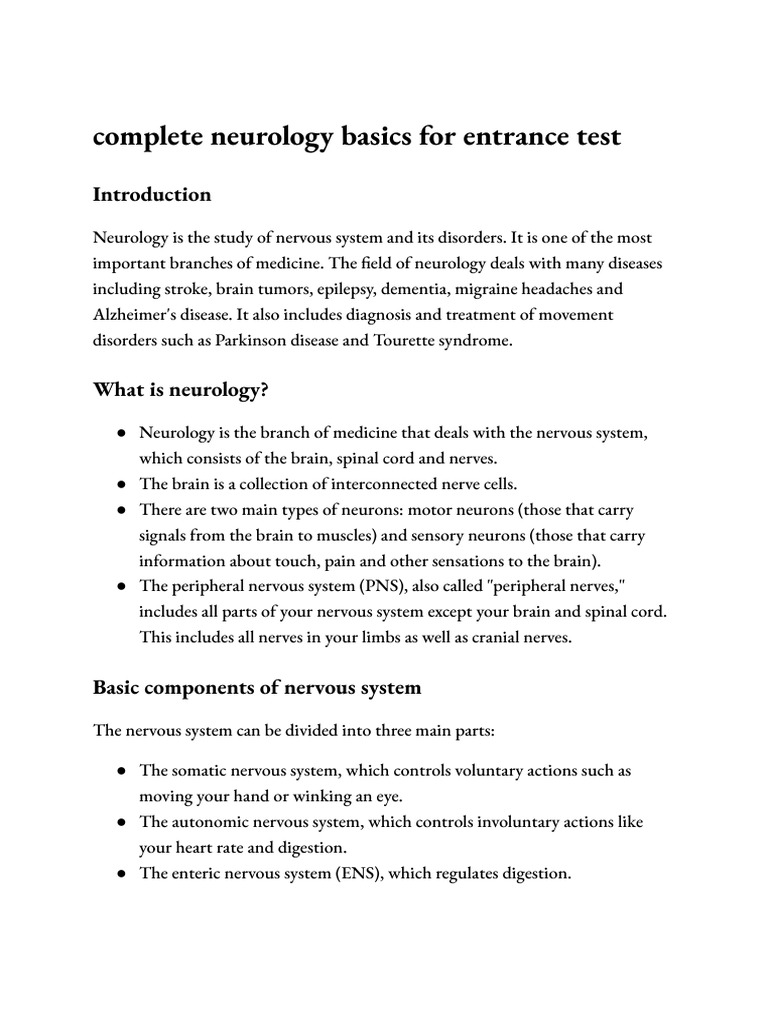 Complete Neurology Basics For Entrance Test | PDF | Nervous System | Neuron Complete Neurology Basics For Entrance Test | PDF | Nervous System | Neuron