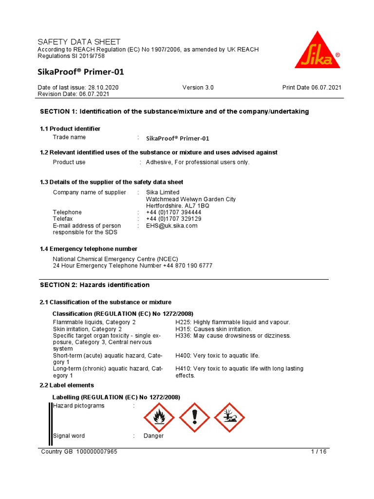 Sikaproof® Primer-01: Safety Data Sheet | PDF | Dangerous Goods | Toxicity
