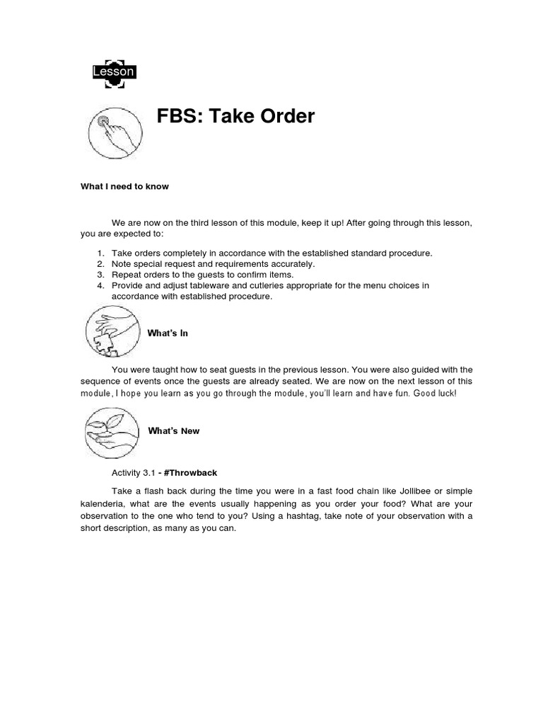 FBS: Take Order: Lesson | PDF | Menu | Restaurants