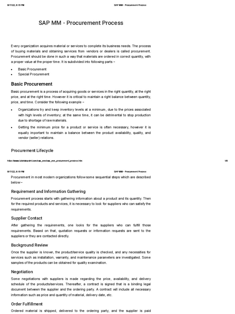 An Overview of the Procurement Process in SAP MM, Including Basic and ...