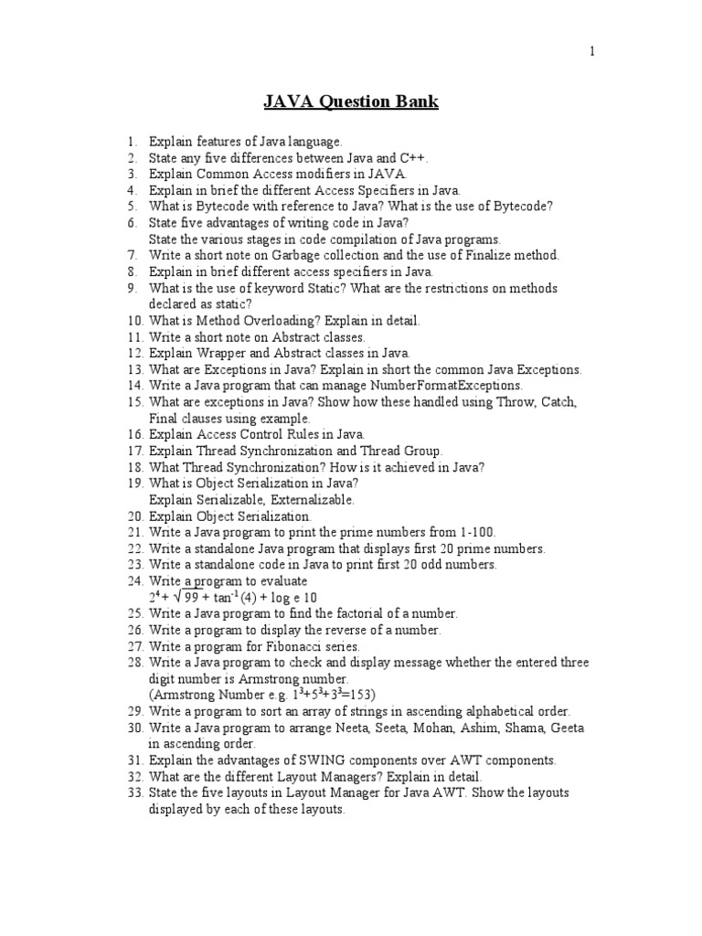 JAVA Question Bank | PDF | Enterprise Java Beans | Java (Programming ...