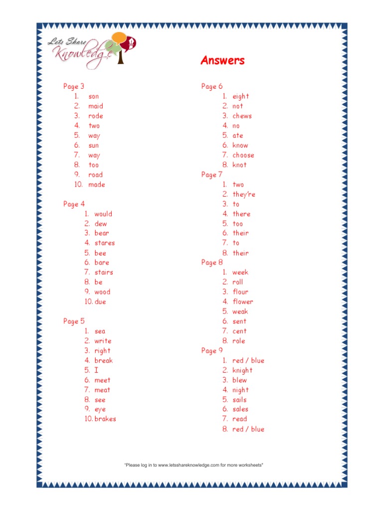 Grade 3 Grammar Worksheets Homographs Answers 01 10 | PDF