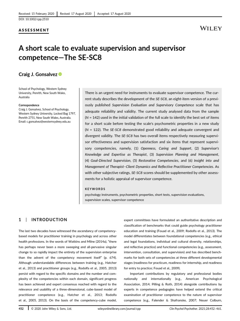A Short Scale To Evaluate Supervision and Supervisor Competence - The ...