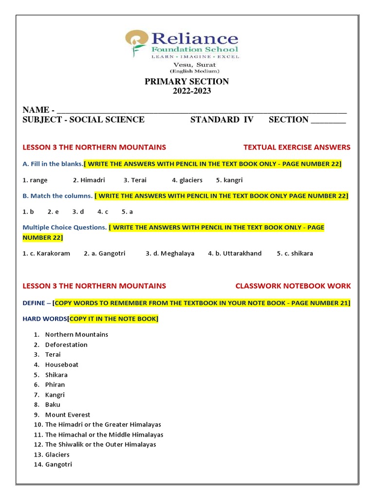 Northern Mountains Class 4 Worksheet | PDF | Himalayas | Earth Sciences