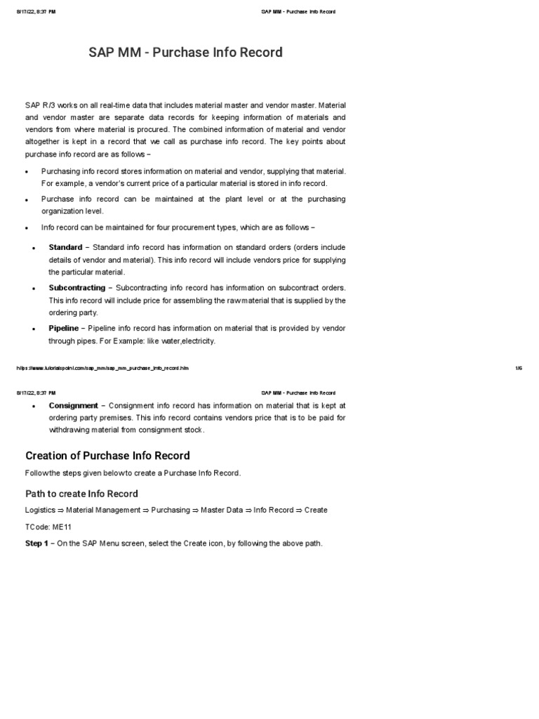 SAP MM - Purchase Info Record | PDF | Computing
