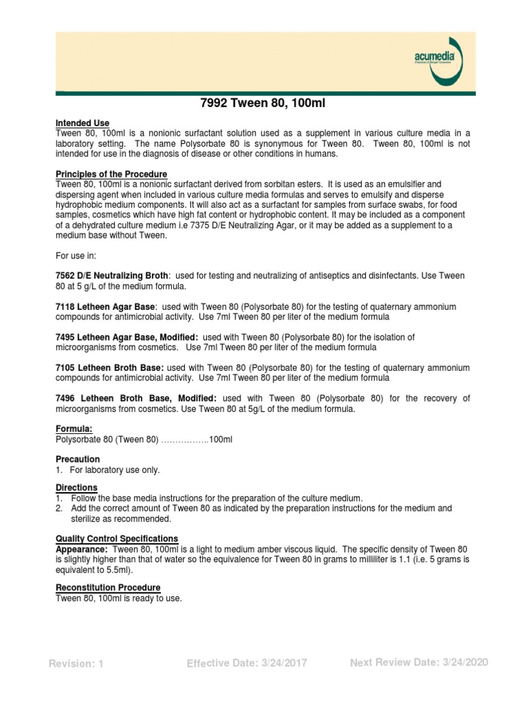 Tween 80 | PDF | Chemical Substances | Chemistry