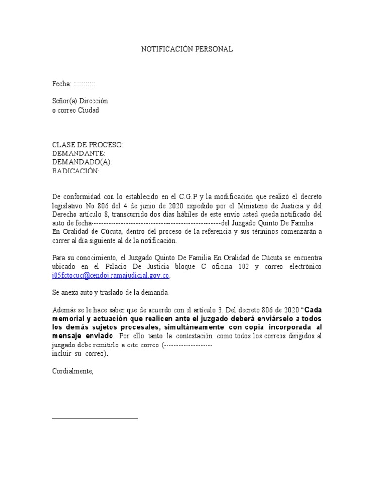 Notificacion Personal Ley 2213 de 2022 | PDF