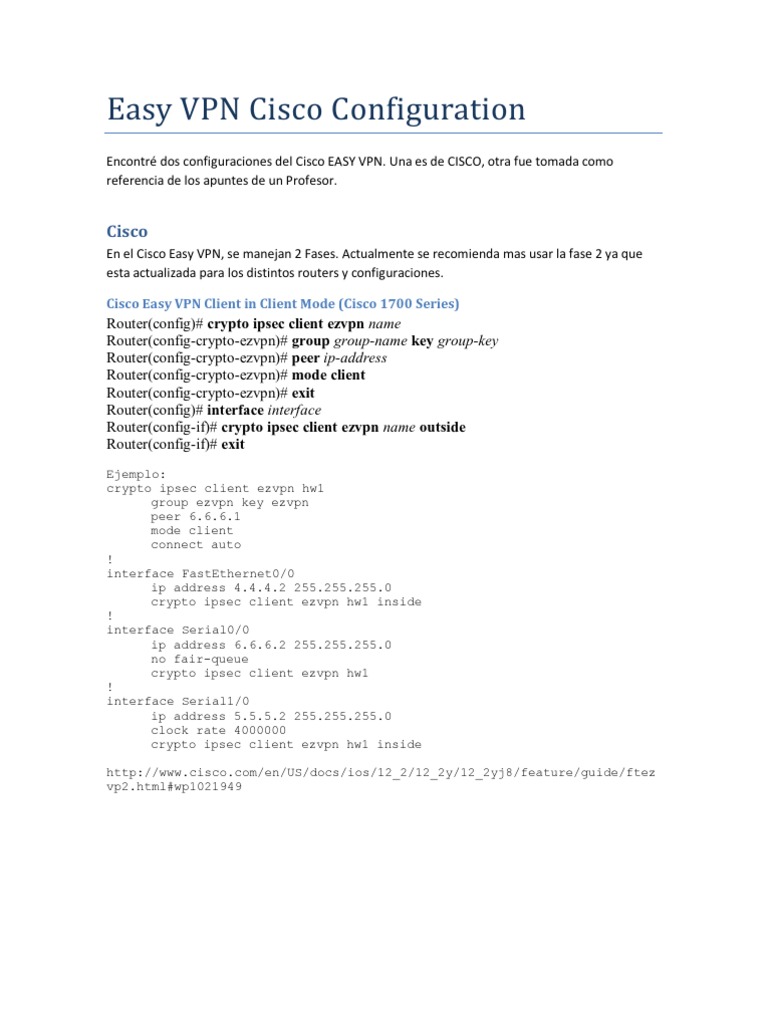 Easy VPN Cisco Configuration | PDF