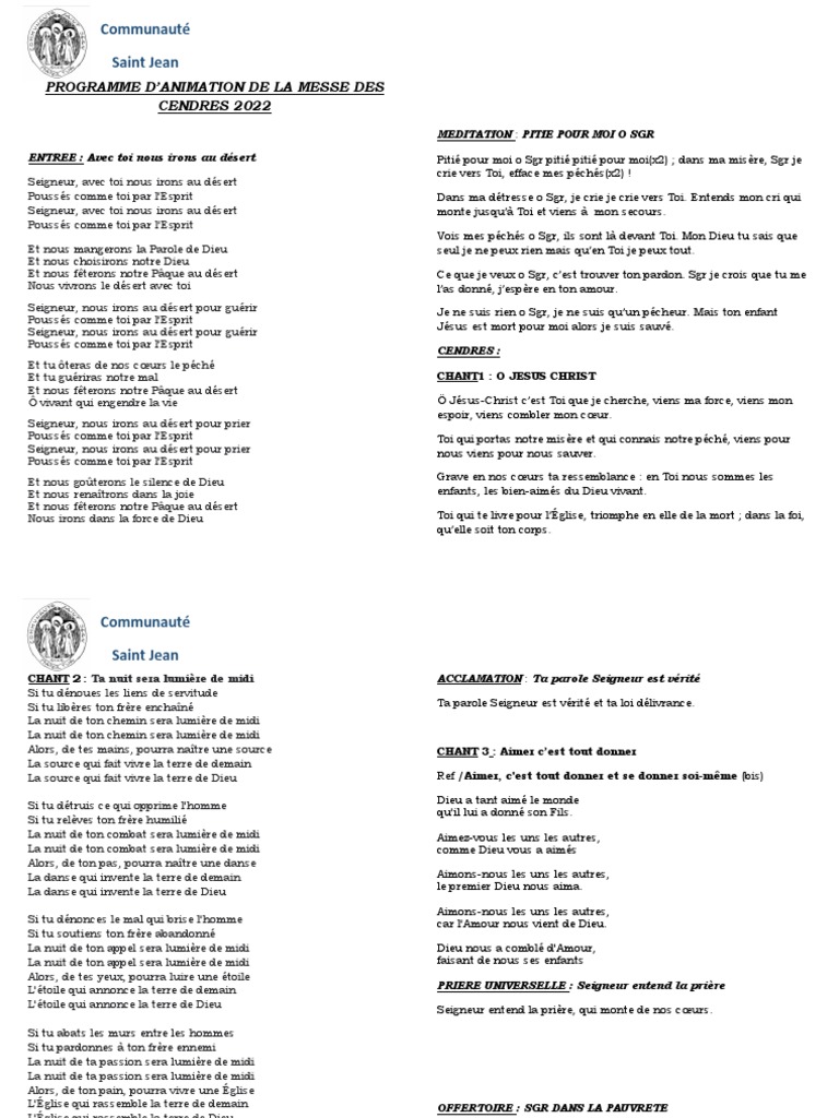 Programme Messe Cendre 2022 | PDF | Jésus | Messe