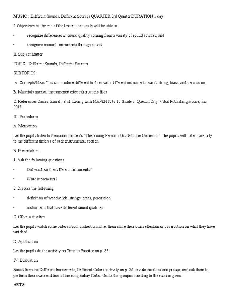 MUSIC: Different Sounds, Different Sources QUARTER 3rd Quarter DURATION ...