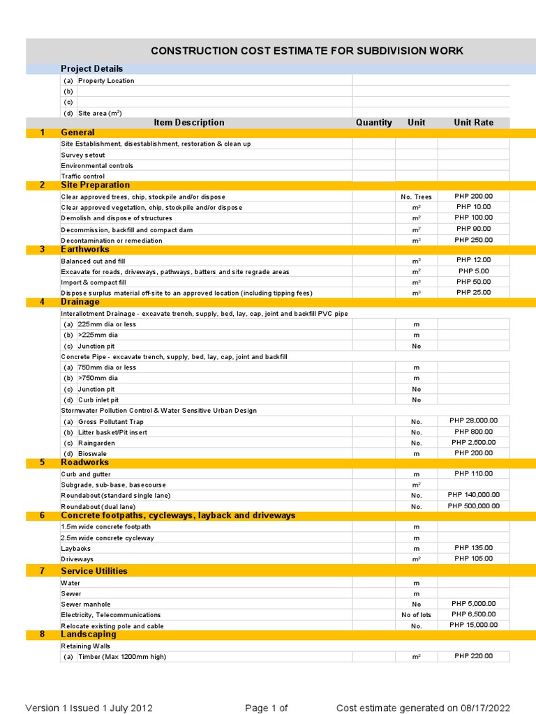 Construction Cost Estimate For Subdivision Work: Project Details | PDF ...