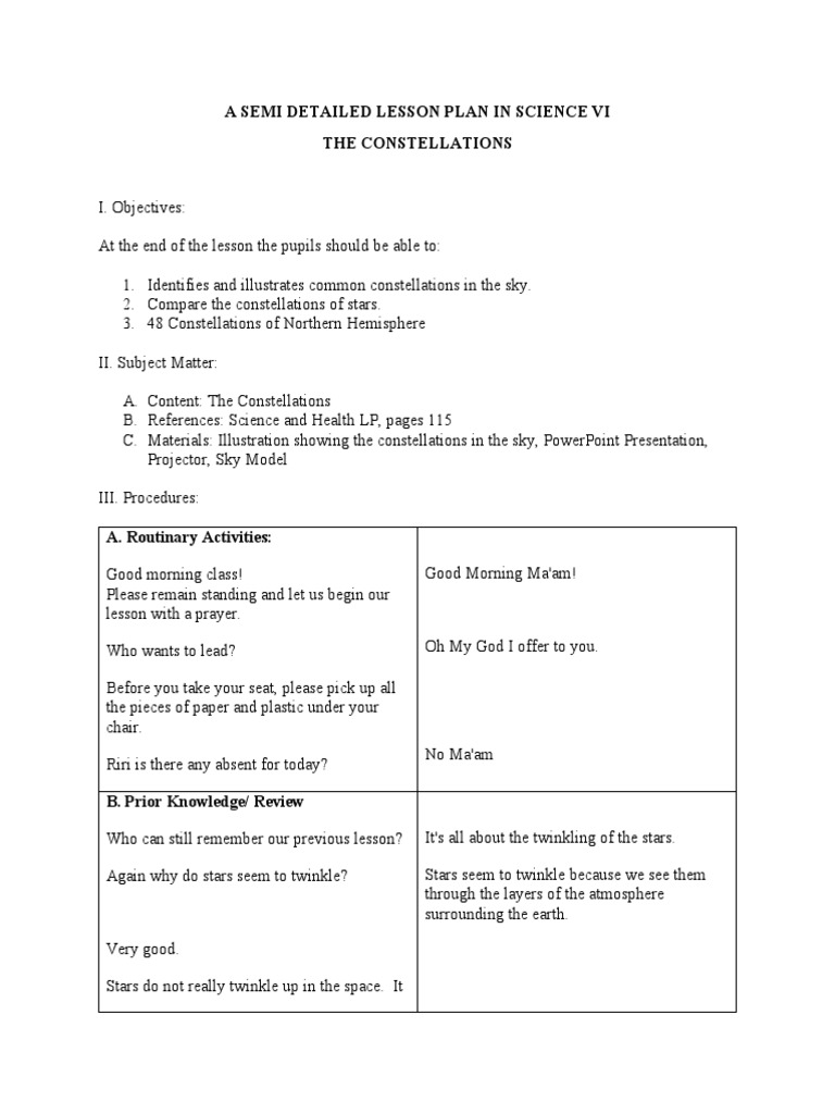 A Semi Detailed Lesson Plan in Science Vi The Constellations | PDF ...