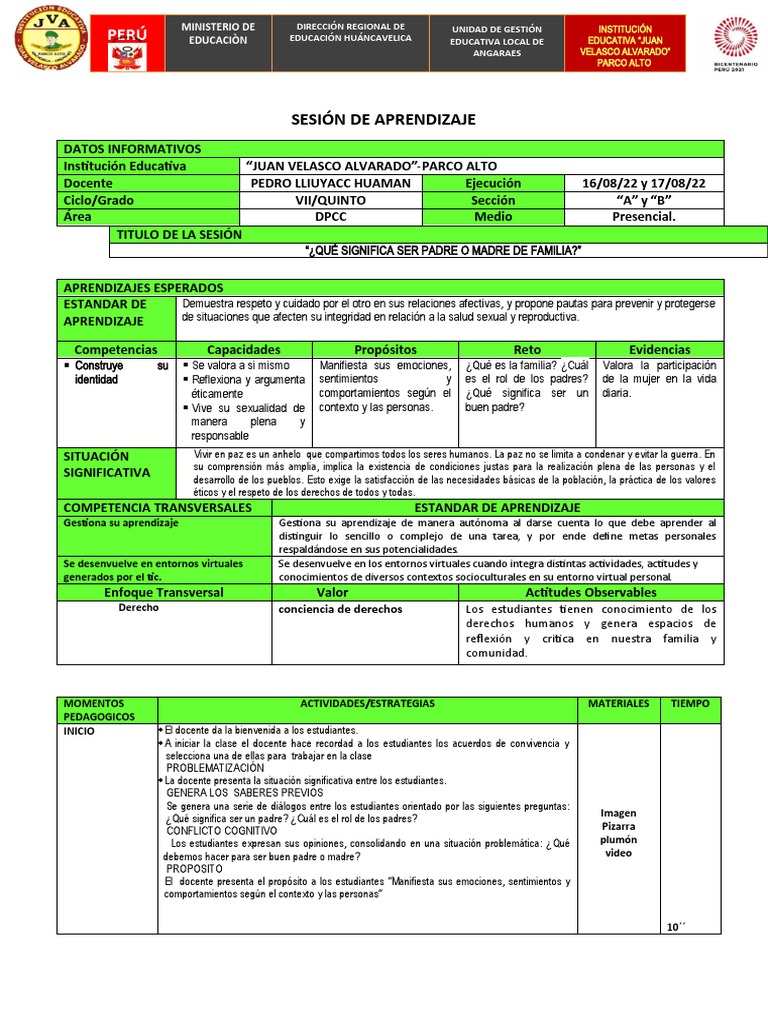 SESIÓN DE APRENDIZAJE Quinto Grado16 8 | PDF | Aprendizaje | Maestros