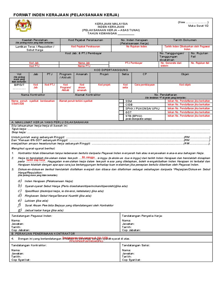 Format Inden Kerajaan (Pelaksanaan Kerja) 1 | PDF