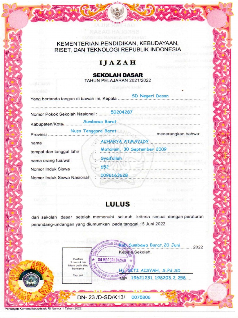 Contoh Penulisan Ijazah SDN Dasan | PDF